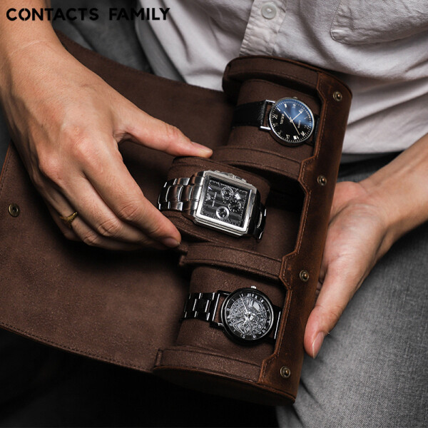 CONTACTS FAMILY Luxury Watch Roll Box 3 Slot Leather Case Holder Men's ...
