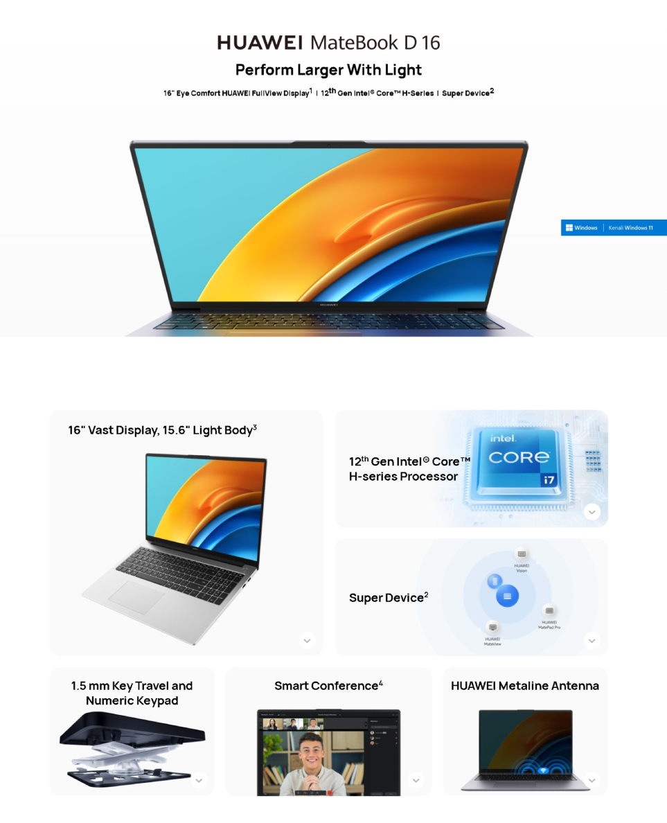 Huawei MateBook D16-3DDN / D16-3DGH Laptop (i5-12450H 4.40GHz,512GB,8GB ...