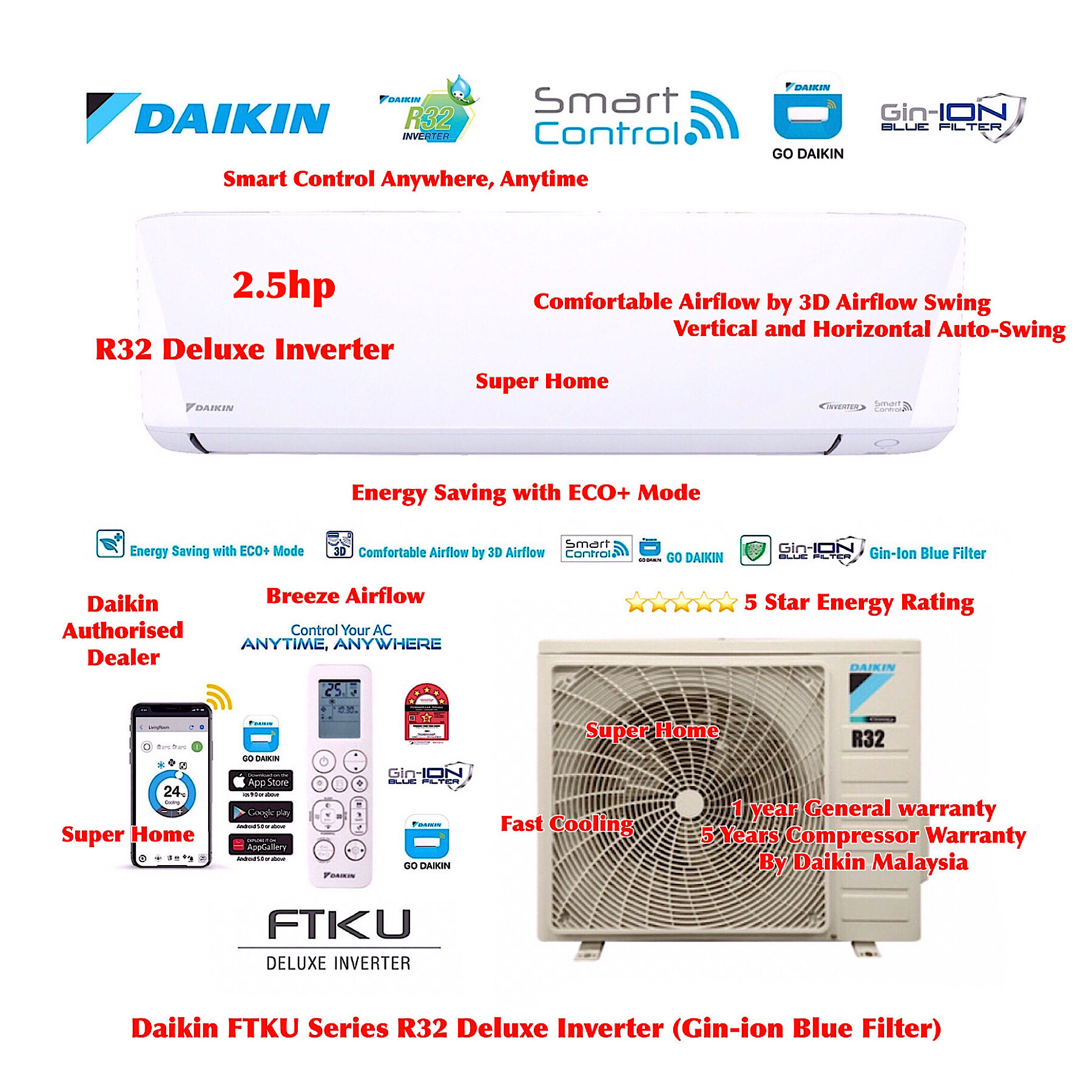 Daikin R32 Deluxe Inverter Aircond 1.0hp - 2.5hp FTKU Series FTKU28B ...