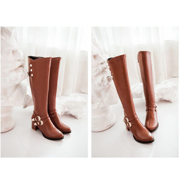 ZANZEA Botas Altas de Cuero con hebillas y detalles en oro para Mujer ...