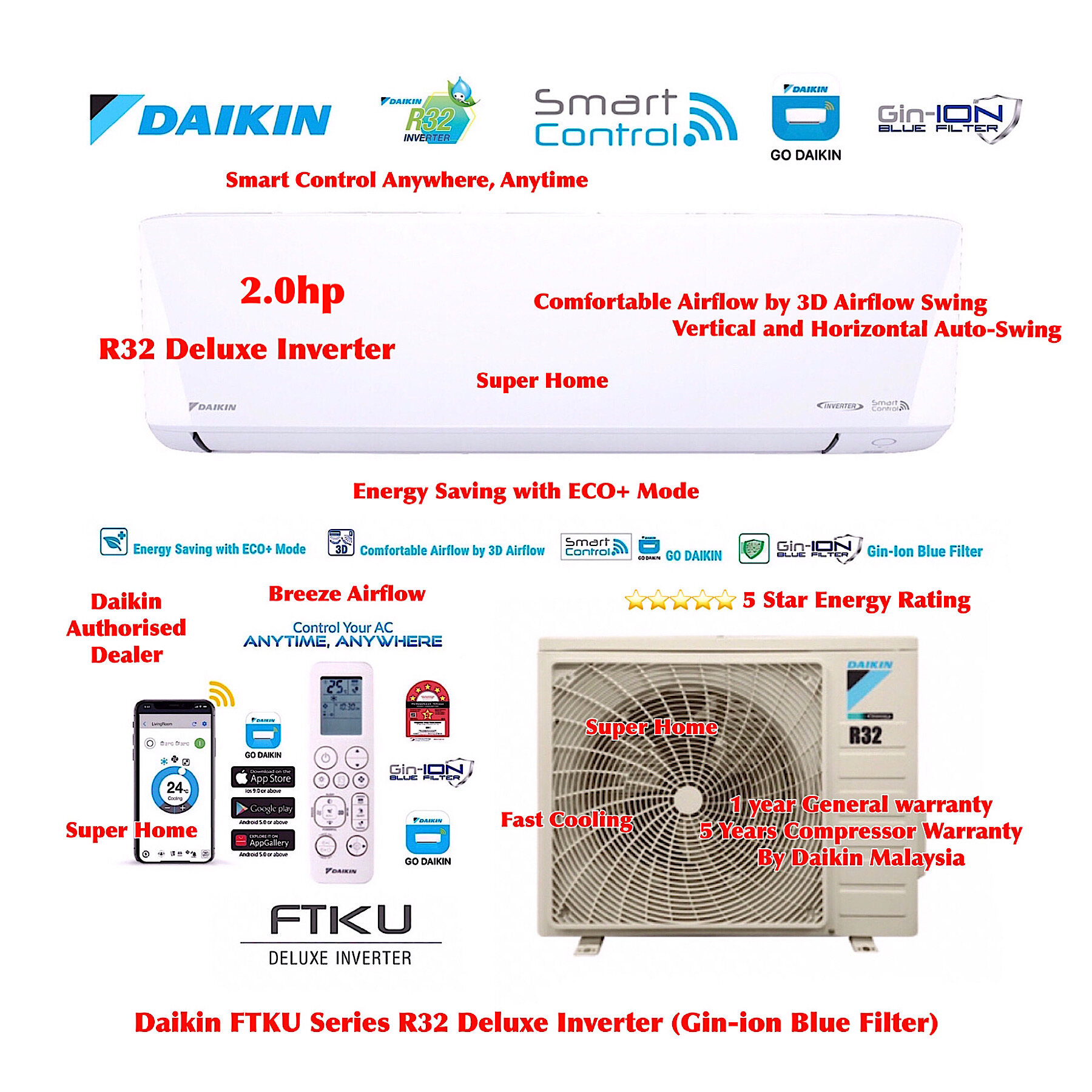 Daikin R32 Deluxe Inverter Aircond 1.0hp - 2.5hp FTKU Series FTKU28B ...