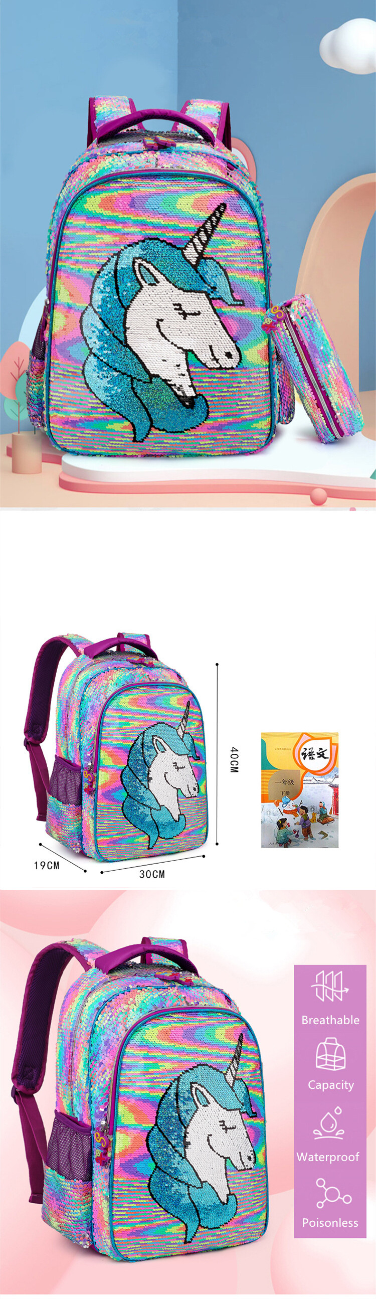 [SHAKIRA] 2 pcs/set Cartable Paillettes Fille,Sac à dos Licorne élève ...